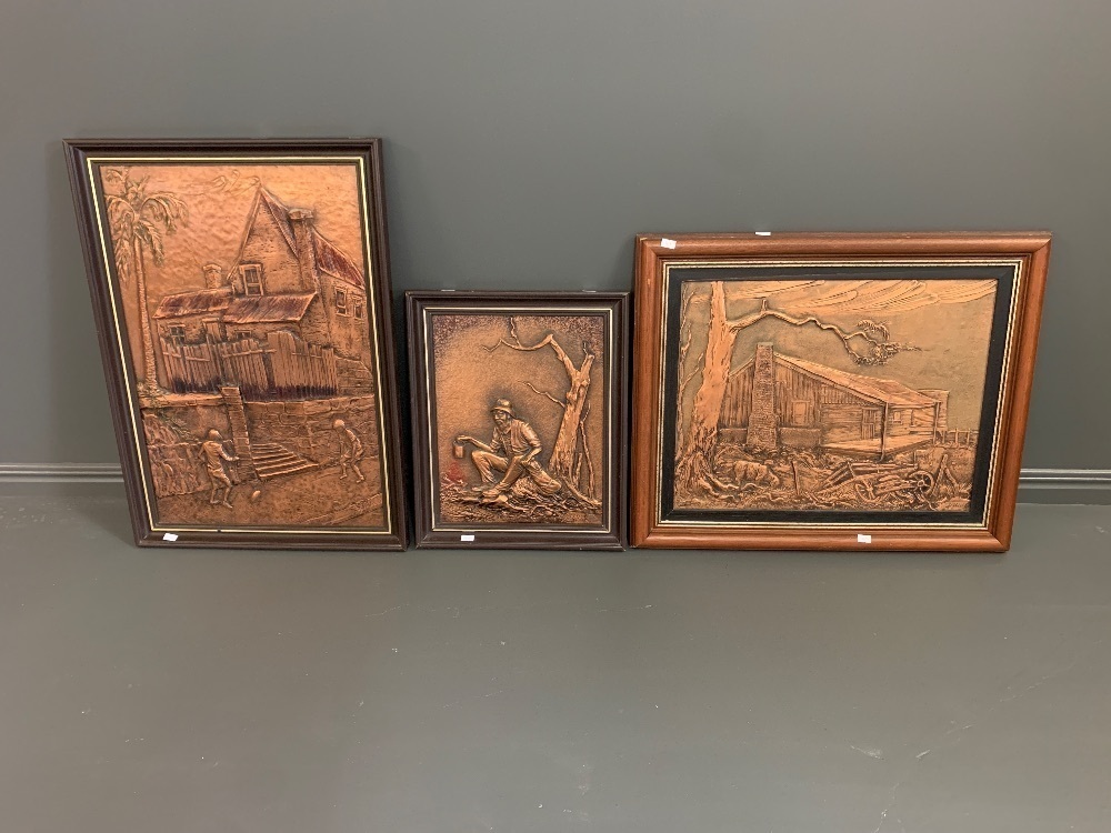 3 Vintage Framed Tom Gregus Copper Art Pressings inc. The Swagman