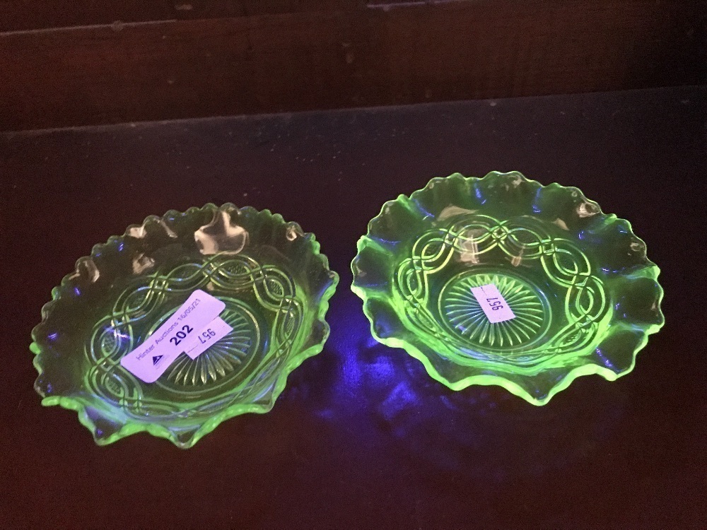 2 Small Pressed Yellow Uranium Glass Bowls