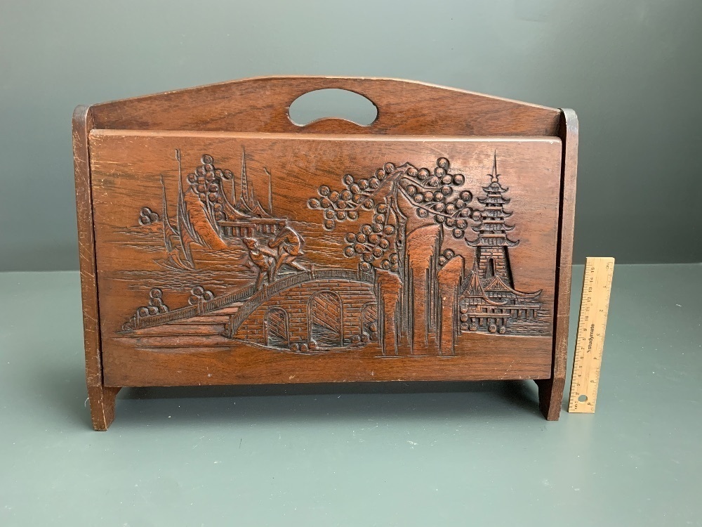 Vintage Timber Magazine Rack with Japanese Carved Design