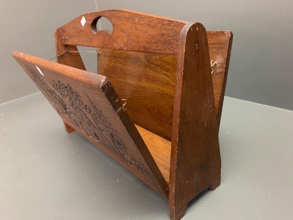 Vintage Timber Magazine Rack with Japanese Carved Design