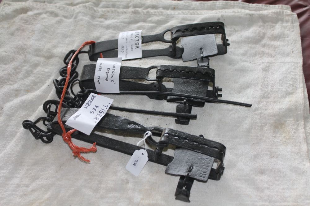 3 x Vintage Traps inc. Victor T.M. Rabbit Trap - Tiger Reg. Rabbit Trap ...