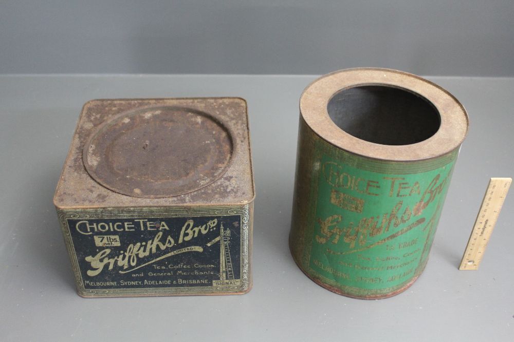 2 Large Vintage Griffiths Bros Tea Tins - 7lb Square - 6lb Round