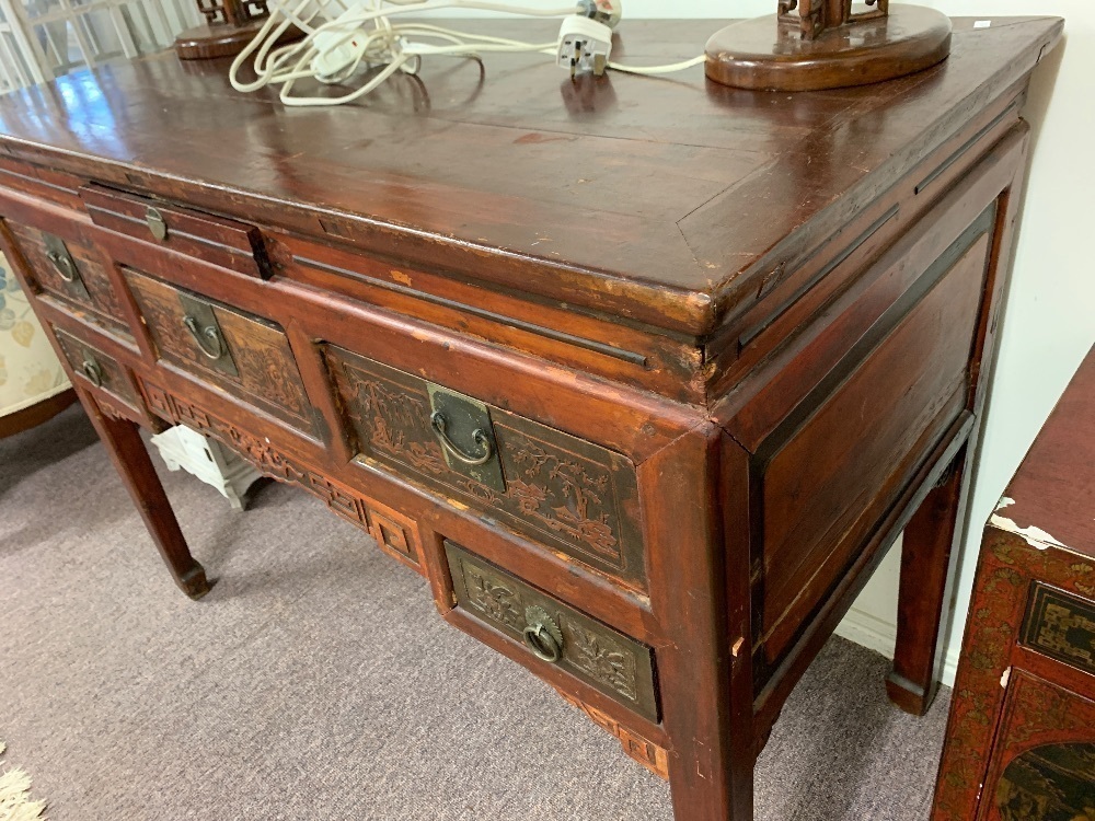 Antique Chinese Painted Timber Table with 6 Carved Front Drawers