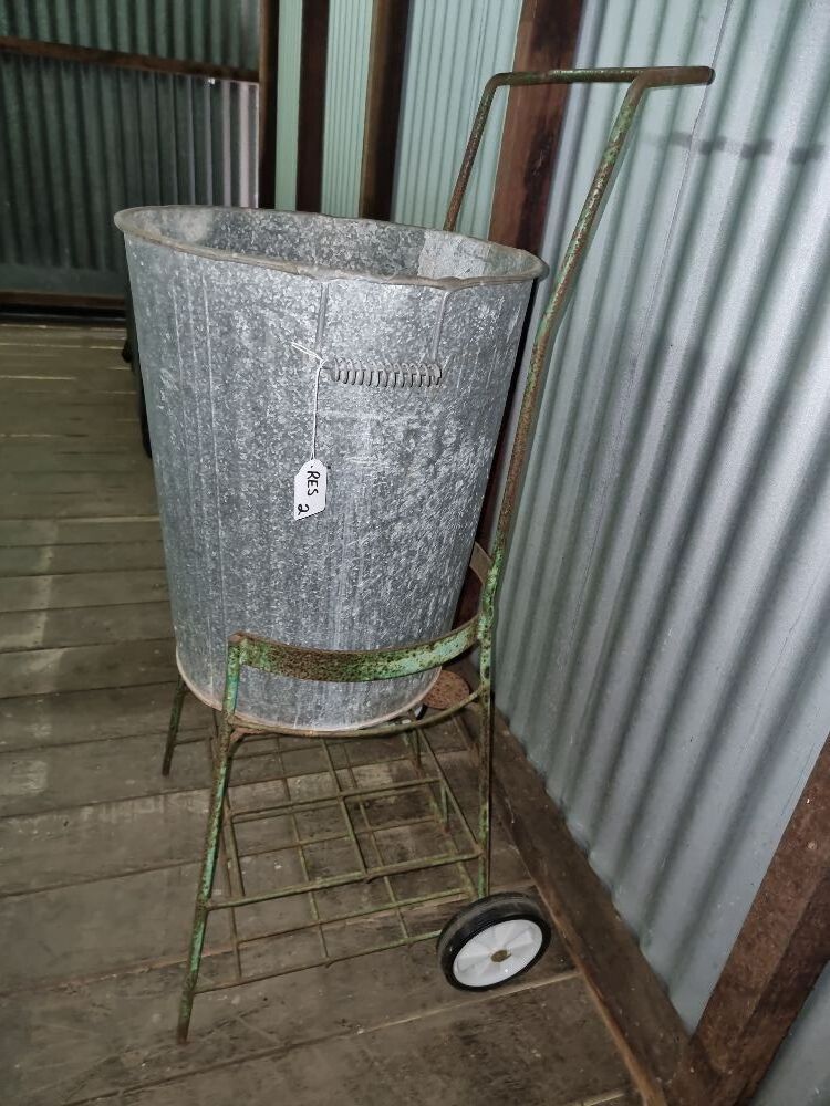 VINTAGE WILLOW GALVANISED BIN AND TROLLEY - CONDITION GOOD