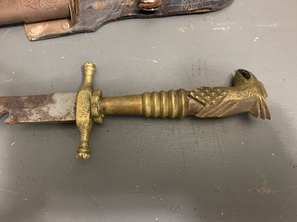 Vintage Dagger with Brass Eagle Head Handle in Copper/Leather Sheath