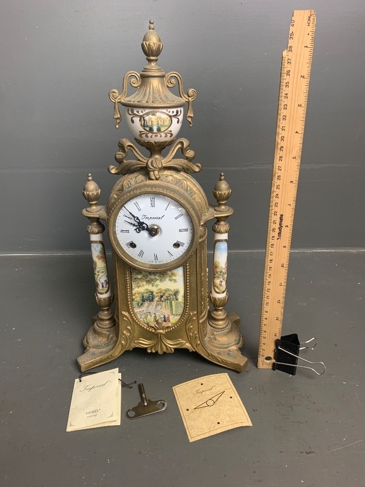 Vintage Italian Imperial Gilt and Porcelain Chiming Mantle Clock
