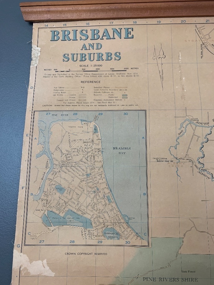 1974 Wall Hanging Map of Brisbane and Suburbs