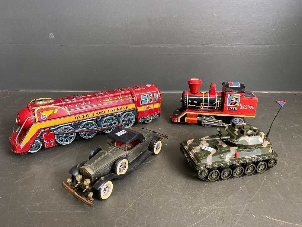2 Vintage Tin Trains Plastic Army Tank and Car