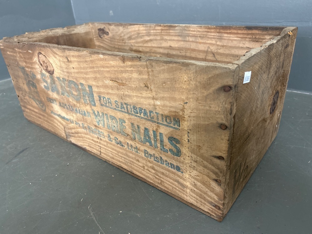 Vintage Saxon Wire Nails Crate with Horseshoes and Stirrup Irons
