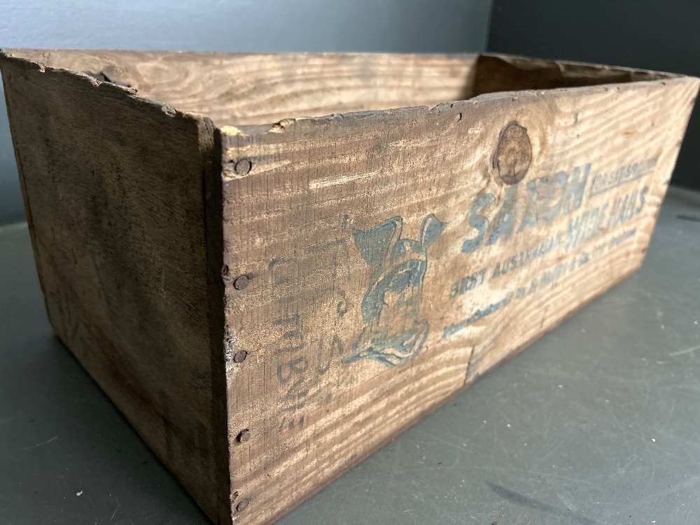 Vintage Saxon Wire Nails Crate with Horseshoes and Stirrup Irons