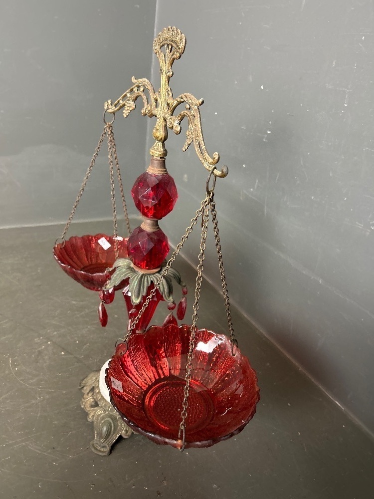 1940s Ruby Glass Justice Scale with Metal/Marble Base
