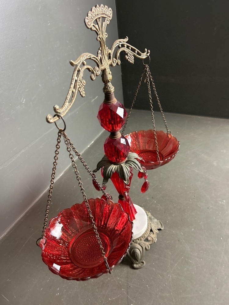 1940s Ruby Glass Justice Scale with Metal/Marble Base