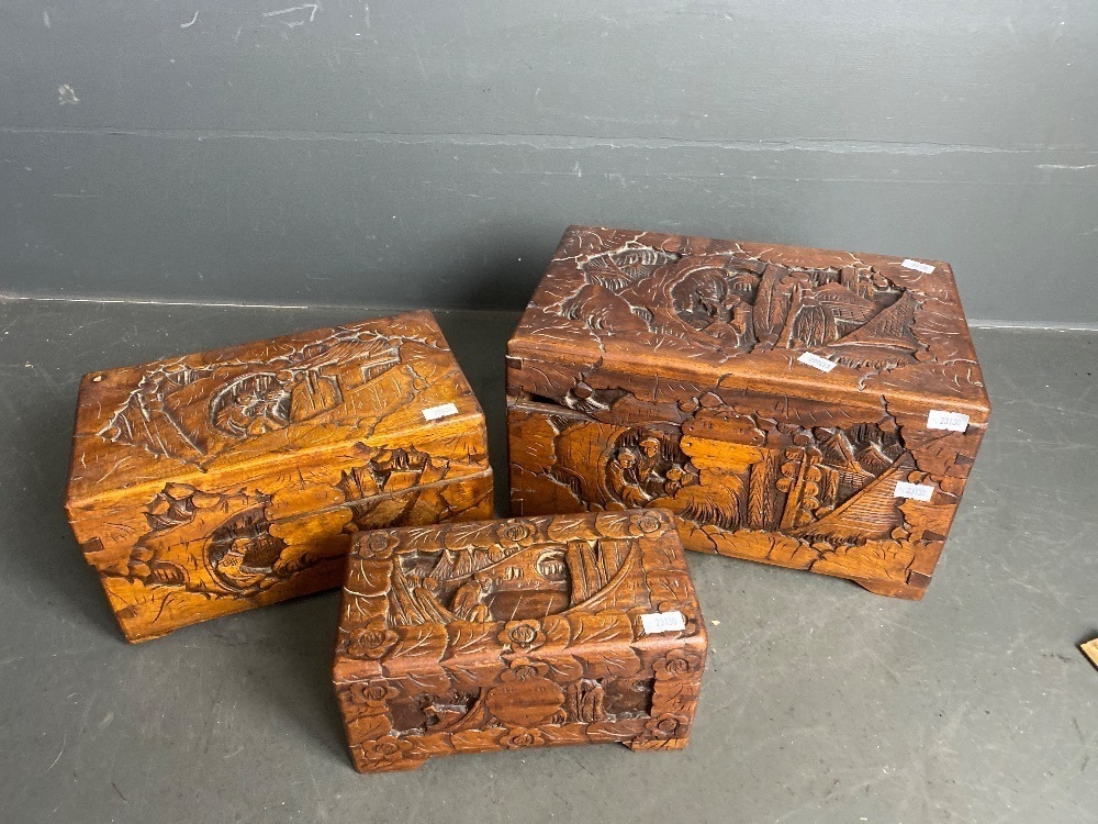 Set of 3 Antique Chinese Hand Carved Wooden Boxes
