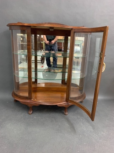 Antique Curved Glass Display Cabinet with 2 Shelves & Key