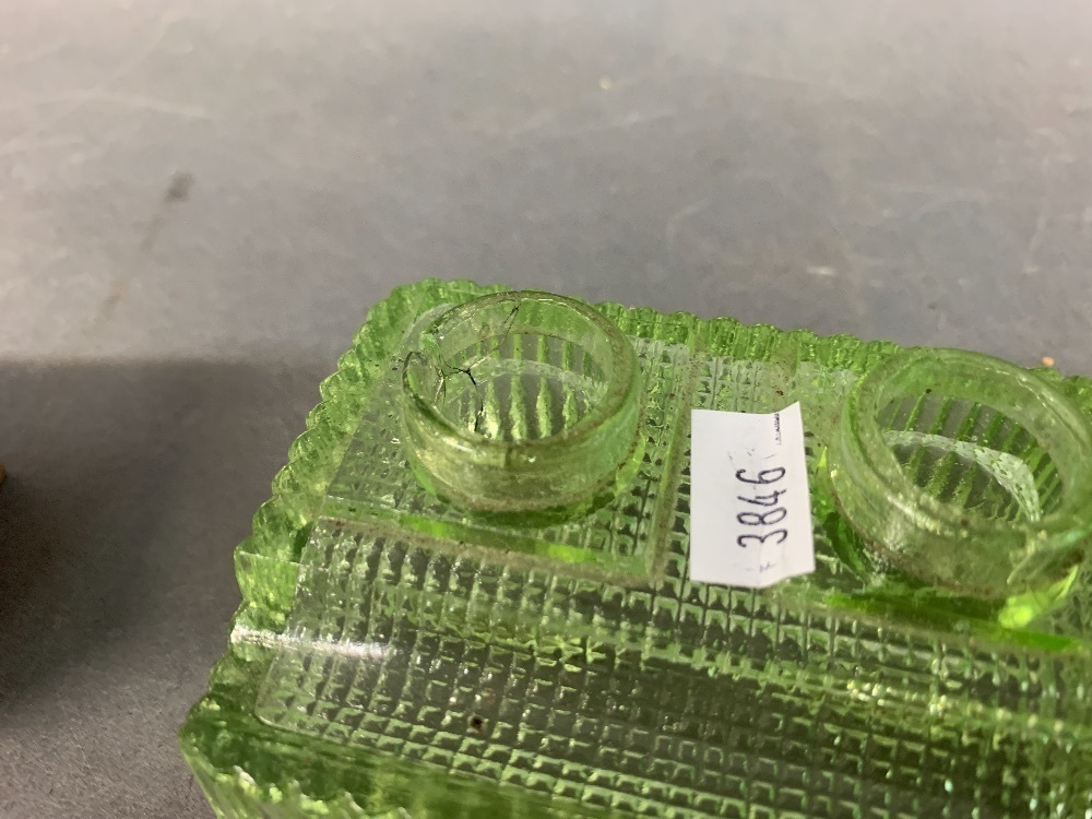 2 Vintage Uranium Glass Inkwells Small Timber Inkwell